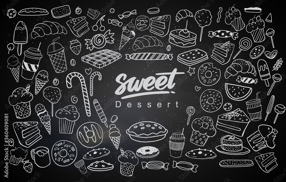 Set of drawings on the theme cakes. Cakes, pies, bread, Desserts, sweets, ice cream, muffin and ...