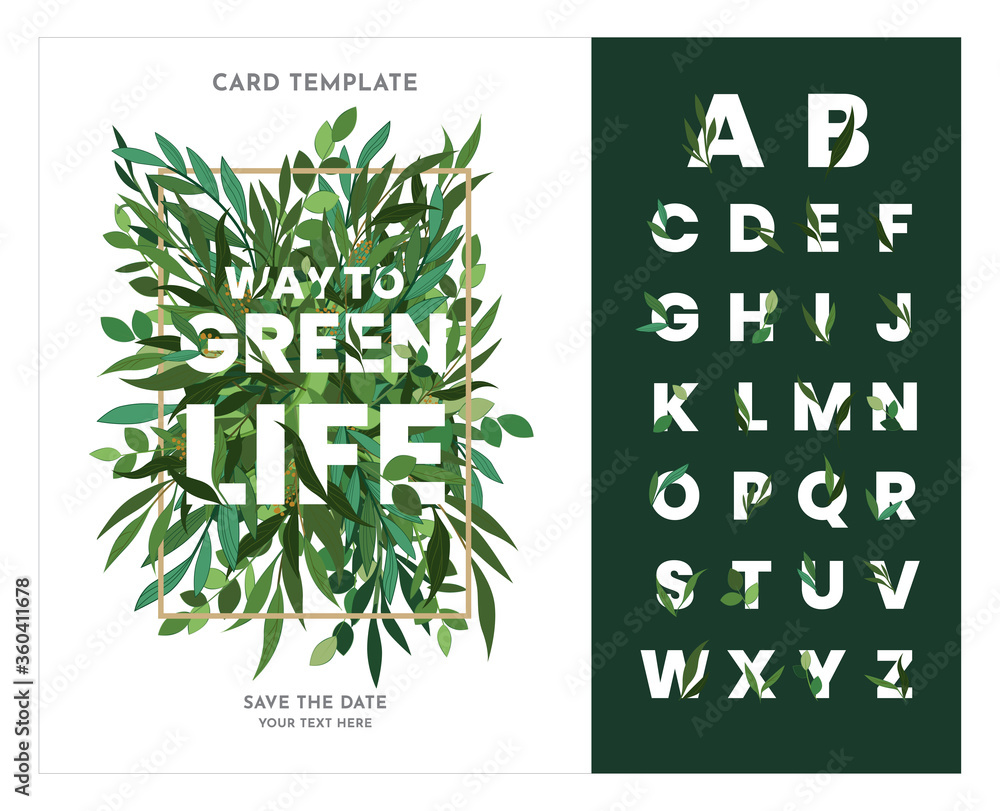 Vector template and lettering set with green tropical leaves . Vector ...