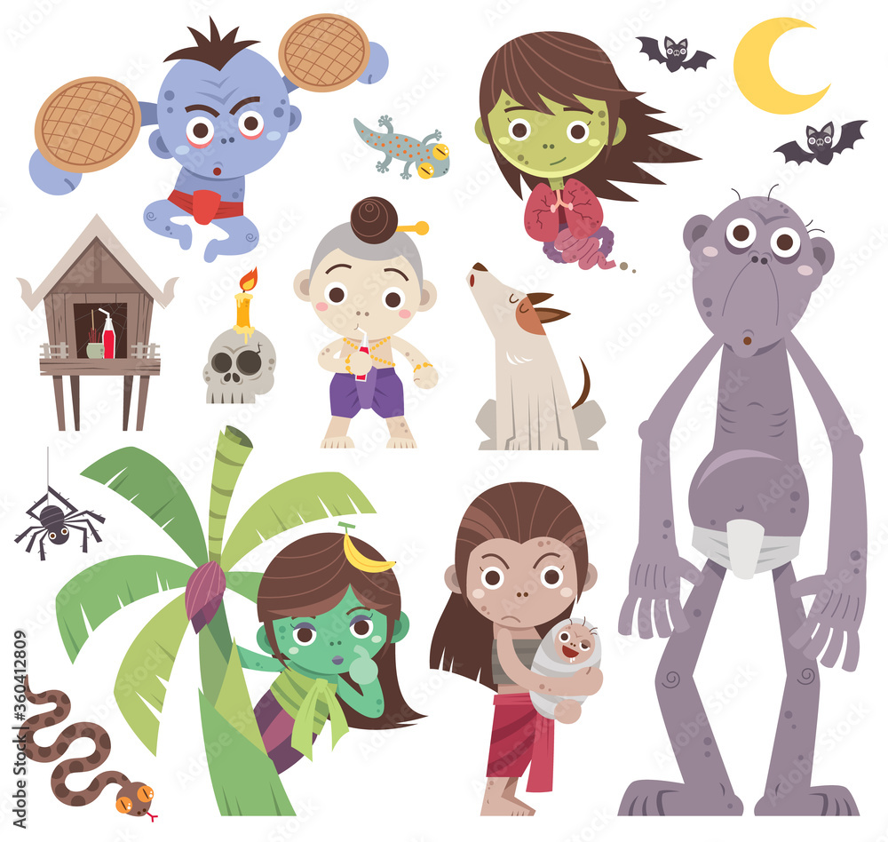 Vector illustration of Cartoon Thai ghost set, Thai Ghosts character ...