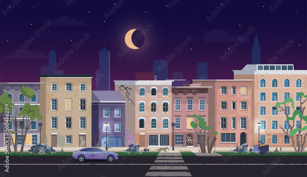 Ghetto landscape at night vector illustration, cartoon flat ...