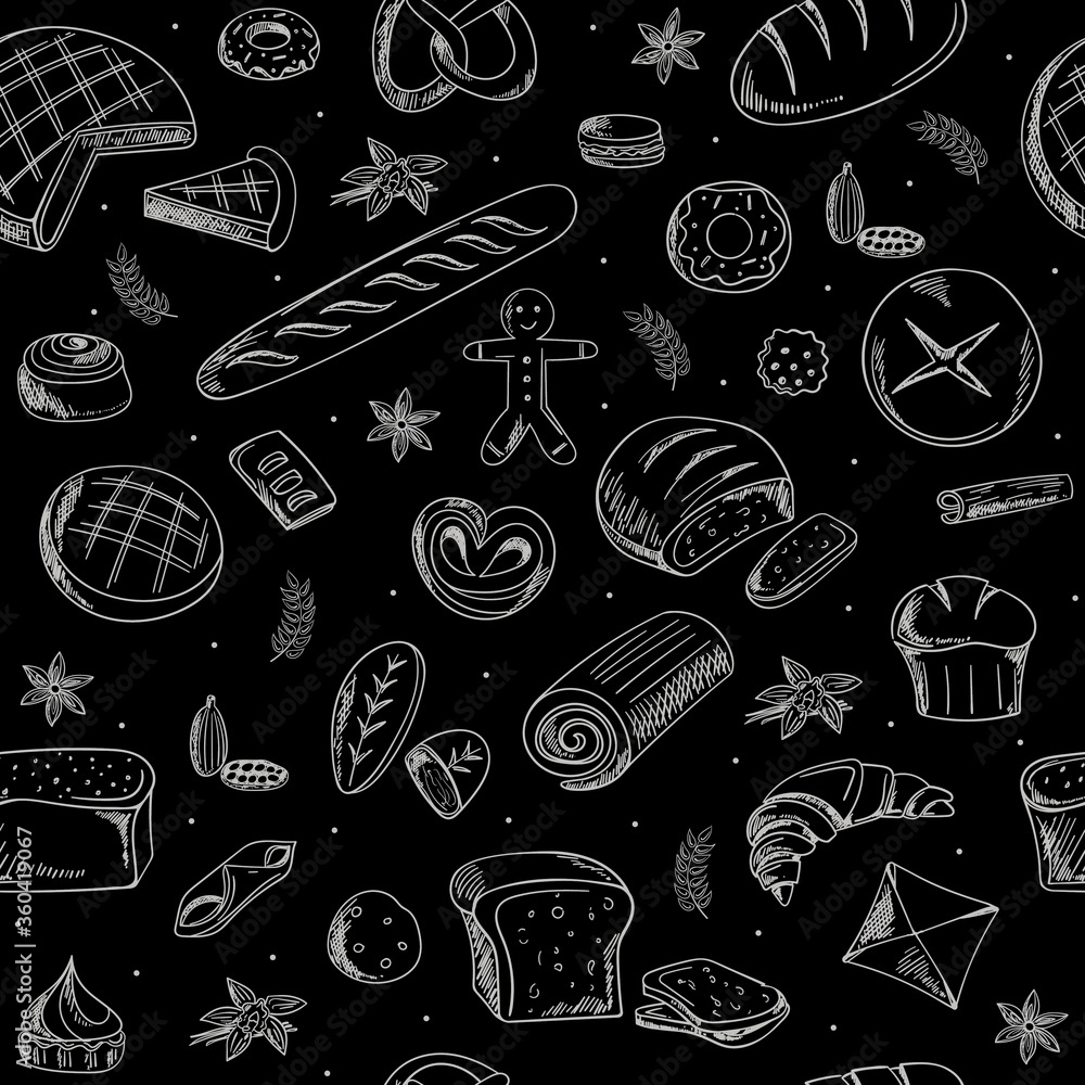 vector pattern with Doodle-style pastries. bakery design over black ...
