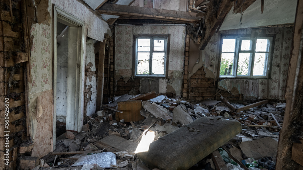 inside old ruined house. rooms and corridors in an abandoned building ...