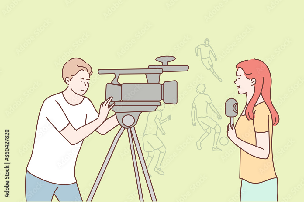 News, reportage, journalism, sport concept. Young team woman reporter ...