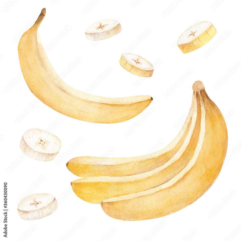 Banana watercolor clipart. Yellow tropical fruit. Food illustration ...