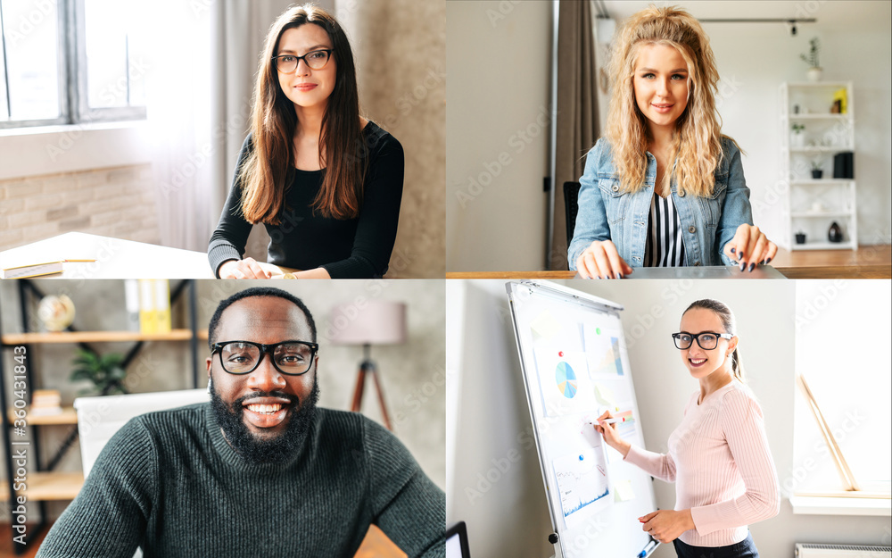 Screen saver. Multiracial group of people talking via video connection ...