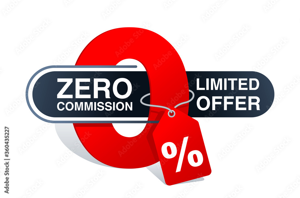 Zero percent commission banner template - 0 in cartoon decoration with ...