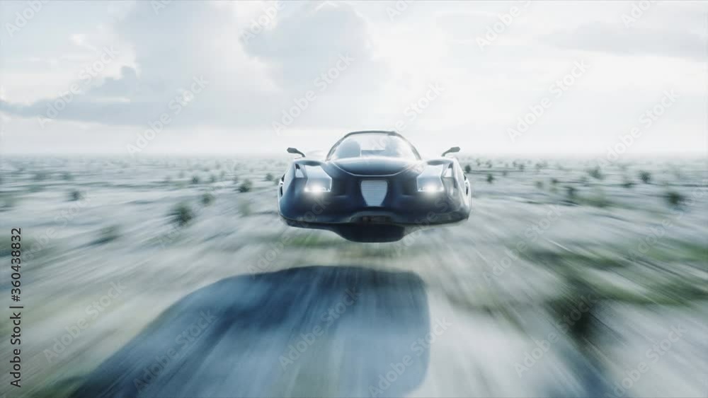 futuristic flying car with 3d model woman fast driving in desert ...