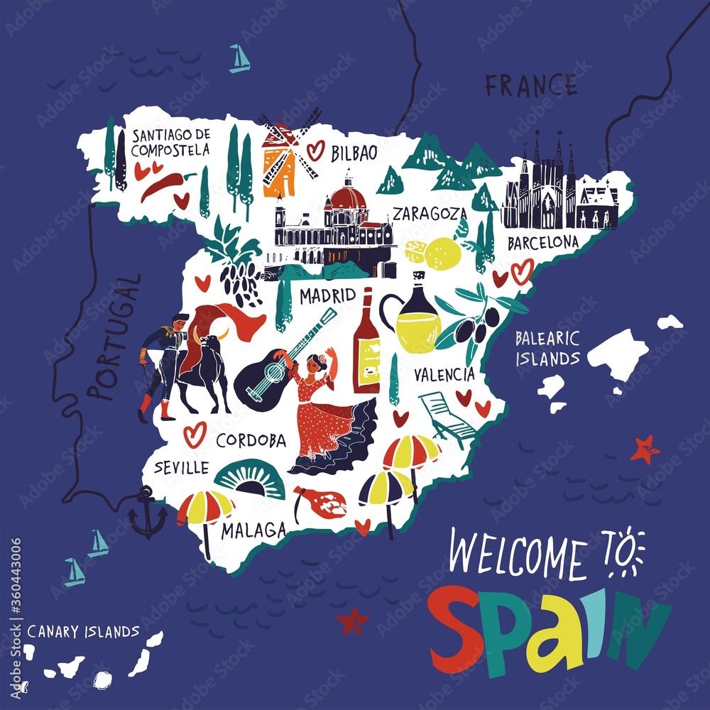 Color decorative stylized tuorist map of Spain. Travel illustration ...
