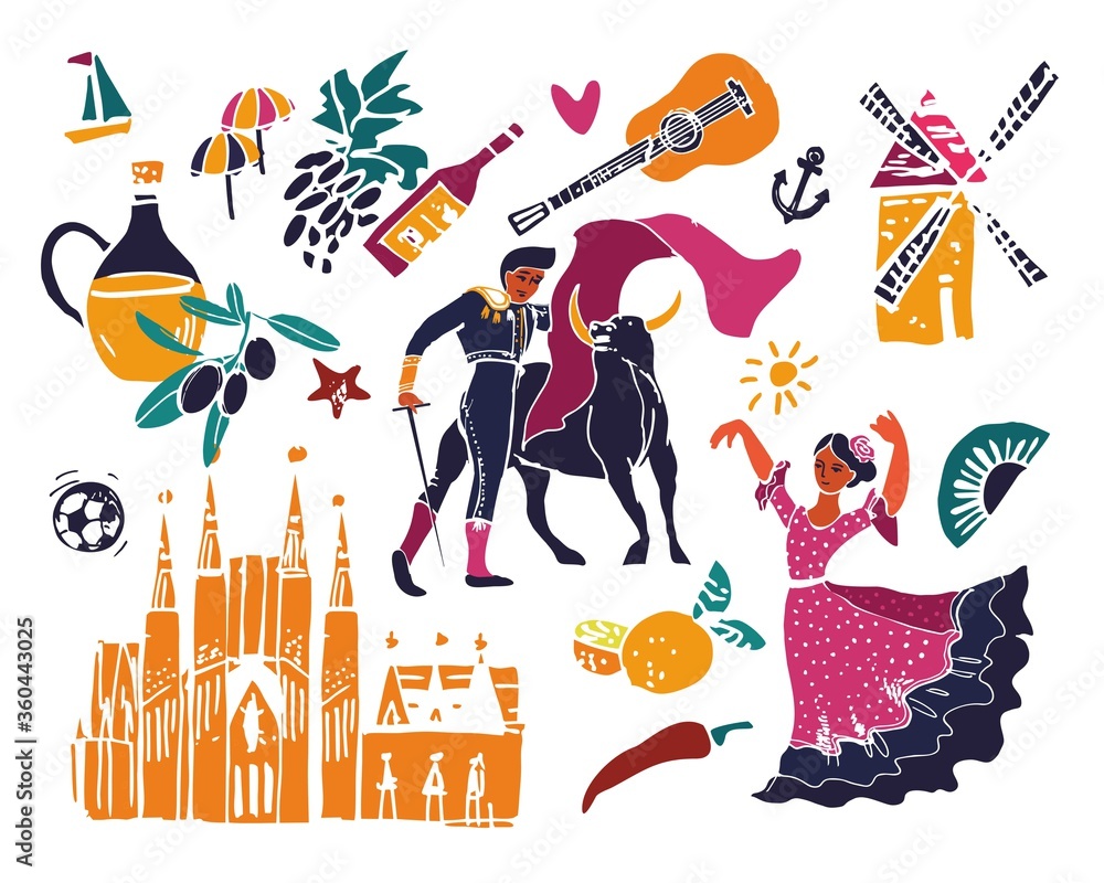 Color Set of symbols of Spain, flamenco dancer, wine, olive oil, mill ...