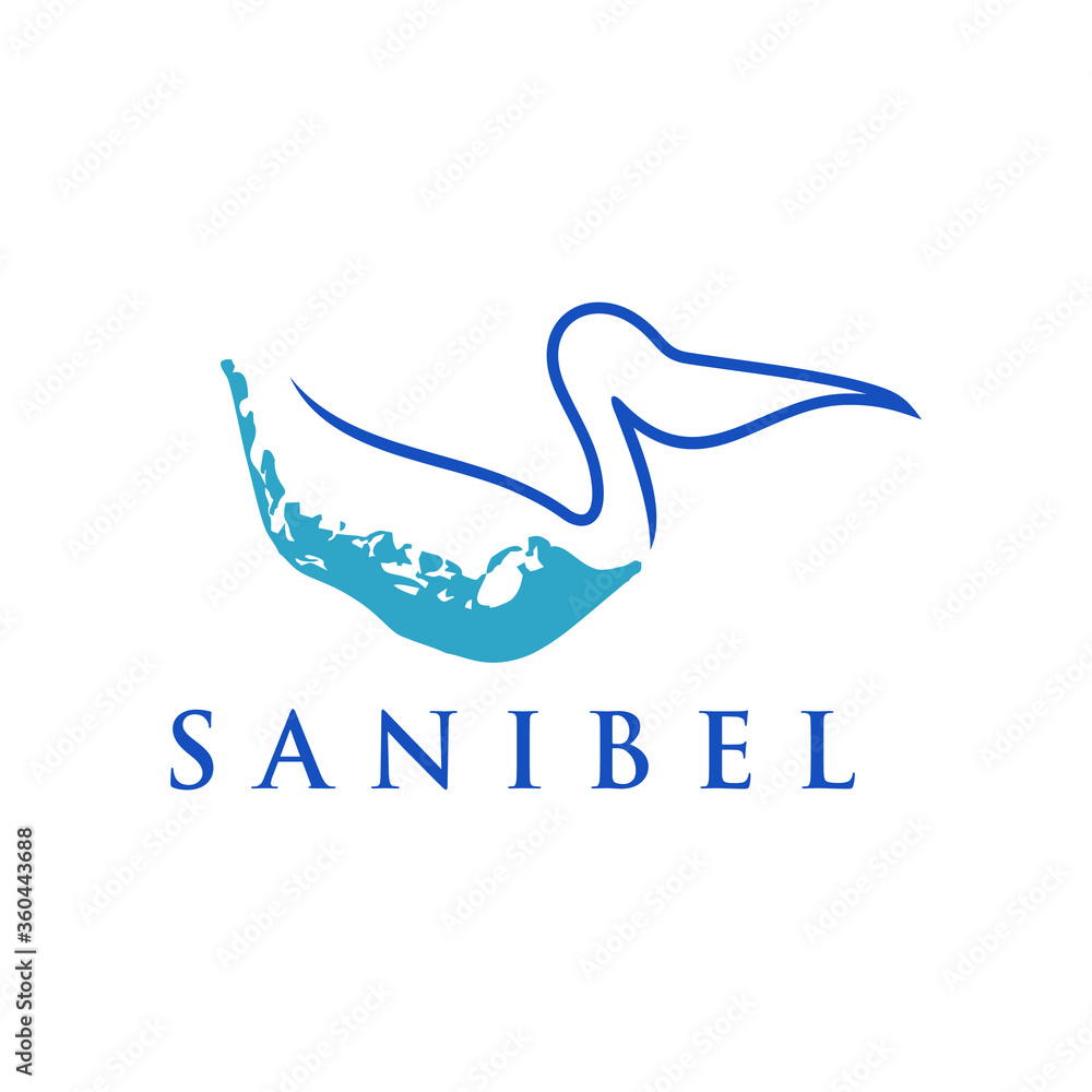 Sanibel Island Map. Tourism Logo in Florida US America. Pelican Symbol ...