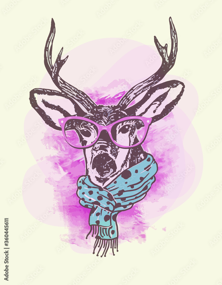 Cute Deer use girly glasses drawing illustration with watercolor ...