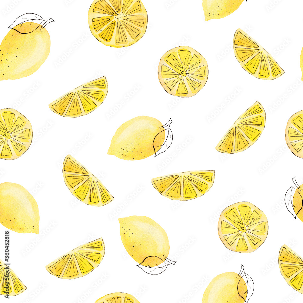 Lemon yellow fruit watercolor clipart. Seamless pattern digital paper ...