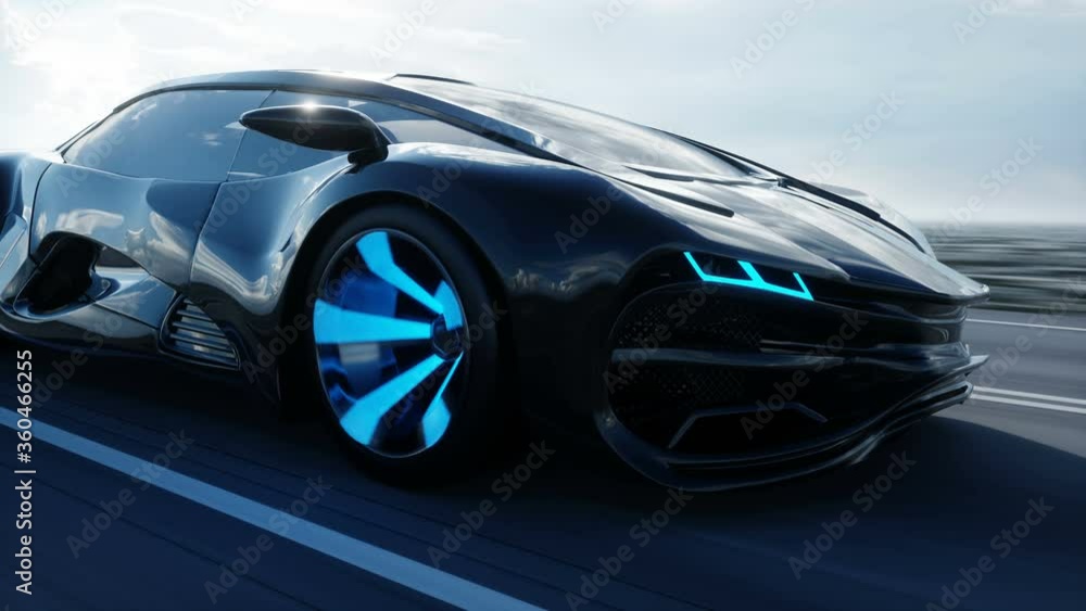 black futuristic electric car on highway in desert. Very fast driving ...