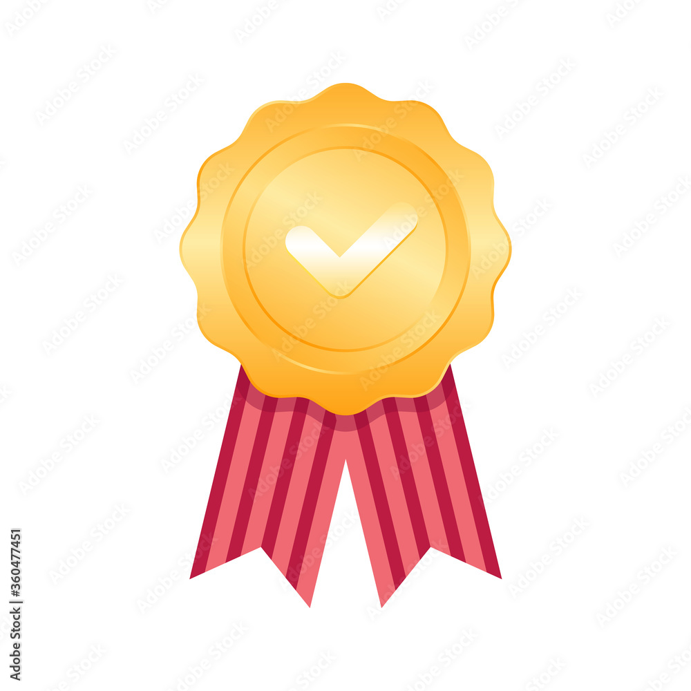 Approved certificate icon gold. Check mark in badge with ribbons icon ...