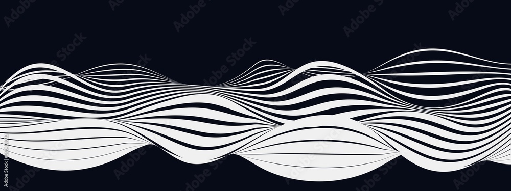 white wavy simple lines op art banner on black for pattern, background ...