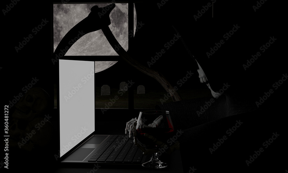 The demon skull or Satan. Black hooded hood. Use the Labtop or Computer ...