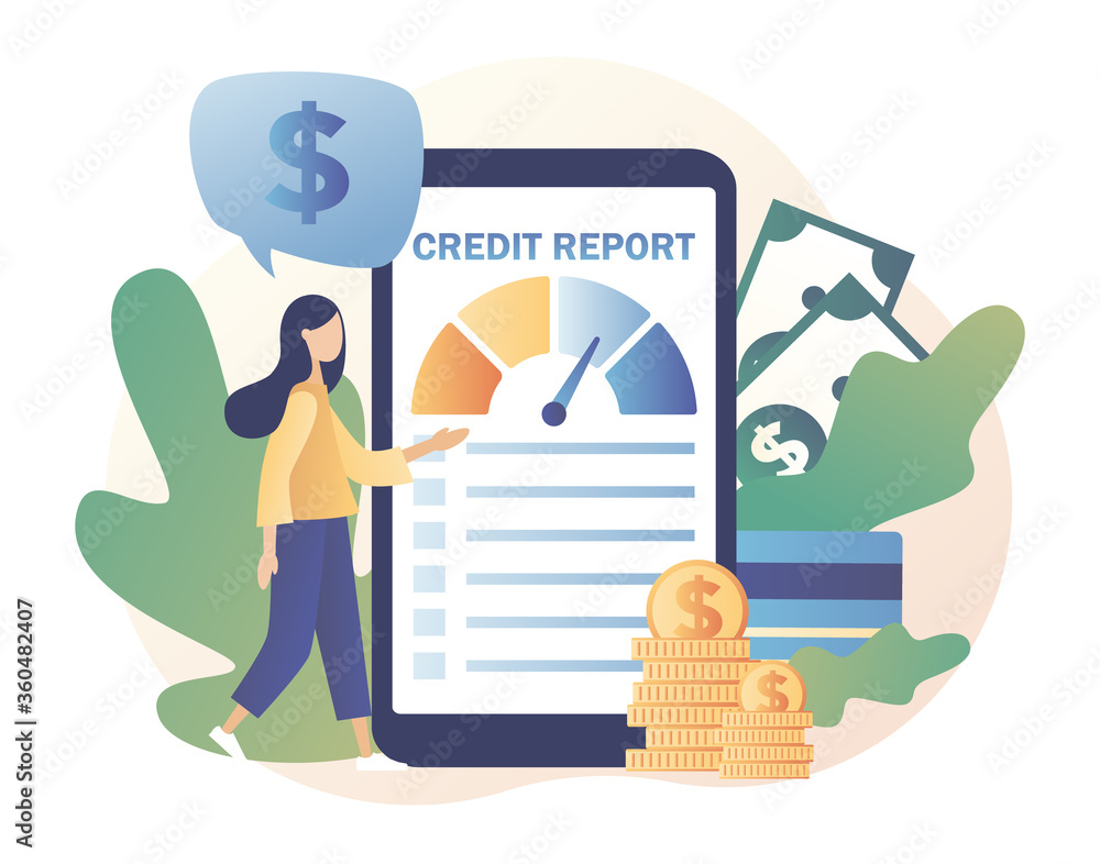 Credit report online. Credit rating in app. Tiny woman analysts credit ...
