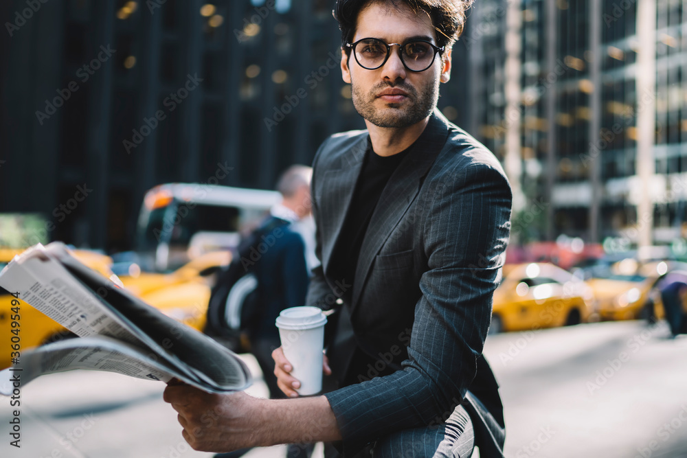 Half length portrait of handsome male boss in trendy formal wear ...