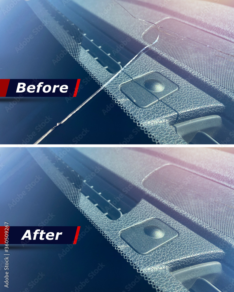 Car windshield repair. Effect Before and after repair of a cracked ...