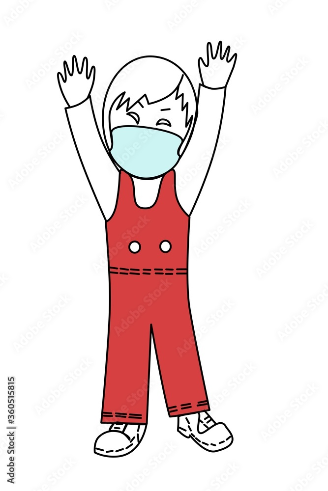 animated child in medical mask on face raised his hand up to ...