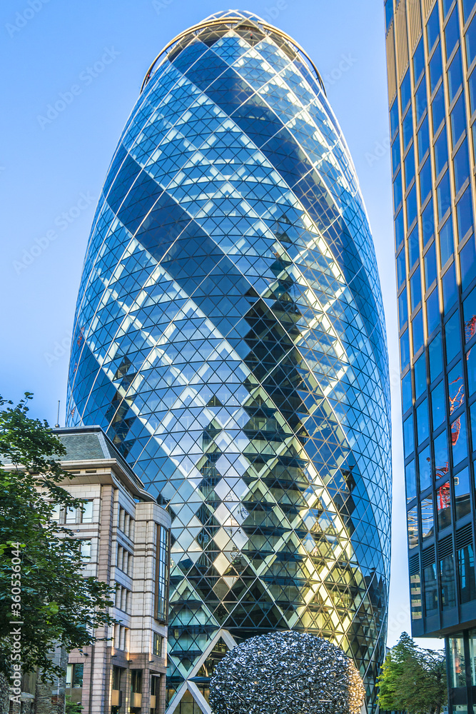 View of Gherkin building (30 St Mary Axe). Gherkin - iconic symbol of ...