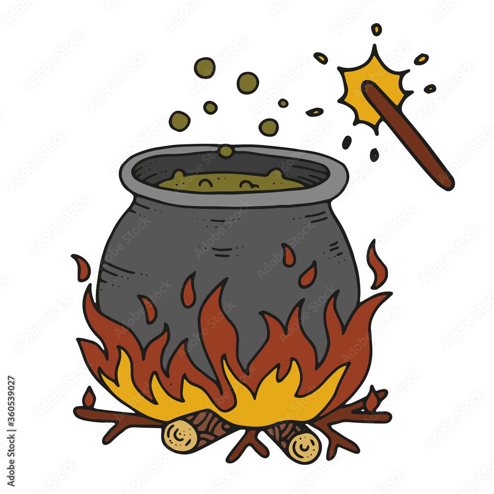 Vector cartoon witch cauldron with magic wand and potion. Halloween ...