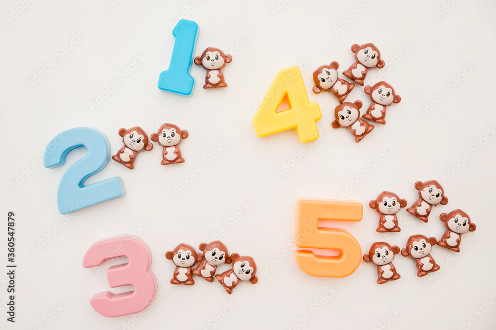 Kids colored number and monkeys. School mathematical Symbols. Early ...