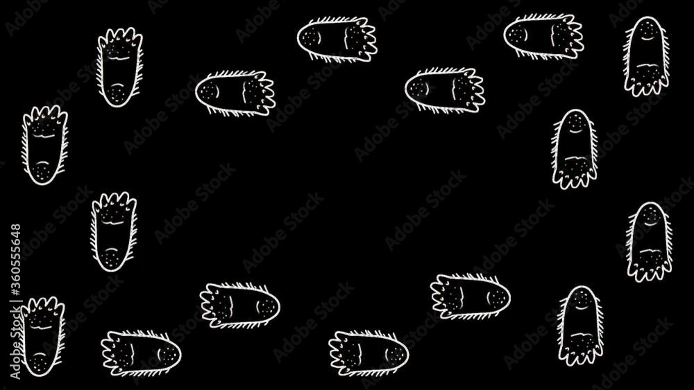 Frame on black background Footprints of a walking Bigfoot. Foot prints ...