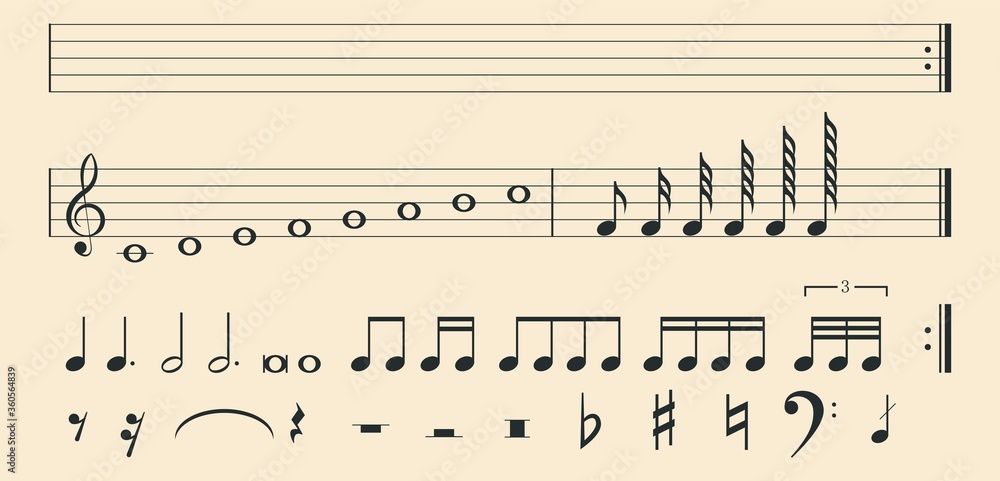 Music notes icons. Musical notation symbols such as treble and bass ...