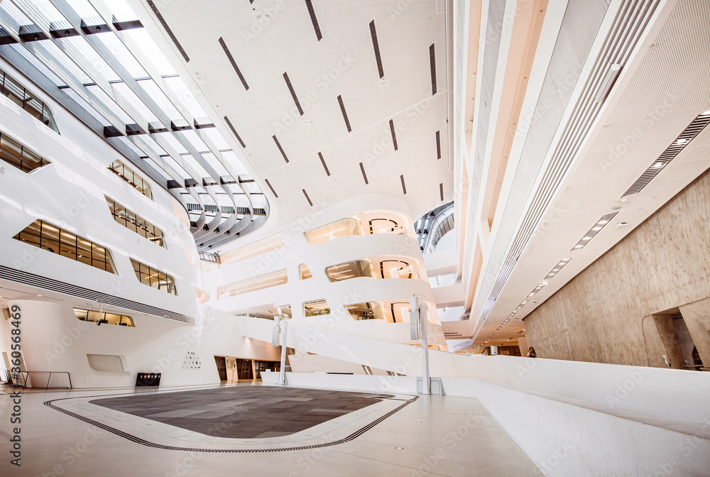 Vienna, Austria: modern, futuristic white interior in library of the ...
