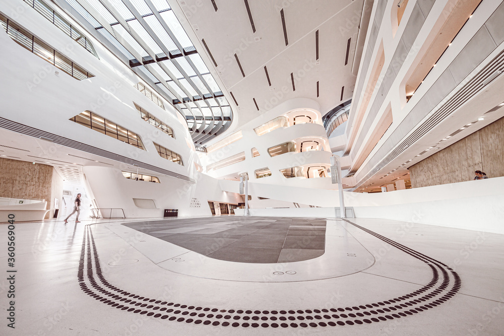 Vienna, Austria: modern, futuristic white interior in library of the ...