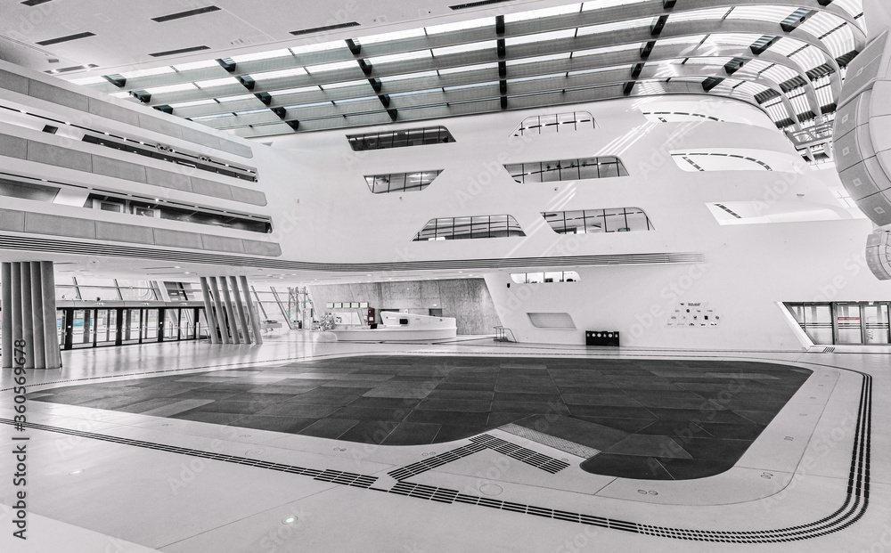 Vienna, Austria: the modern, futuristic white interior in library of ...
