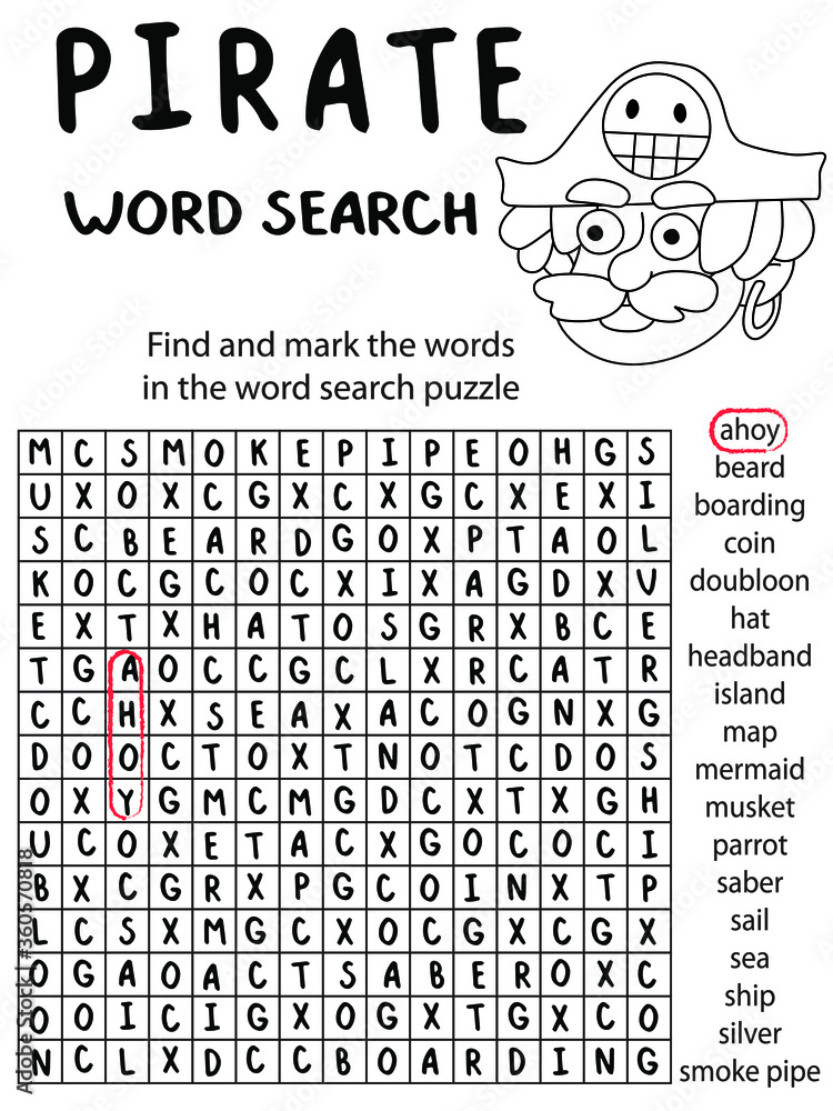 Pirate word search puzzle for kids stock vector illustration. Pirate ...