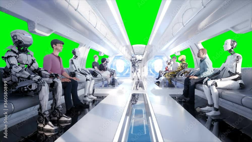 3d people and robots. Futuristic monorail transport. Concept of future ...