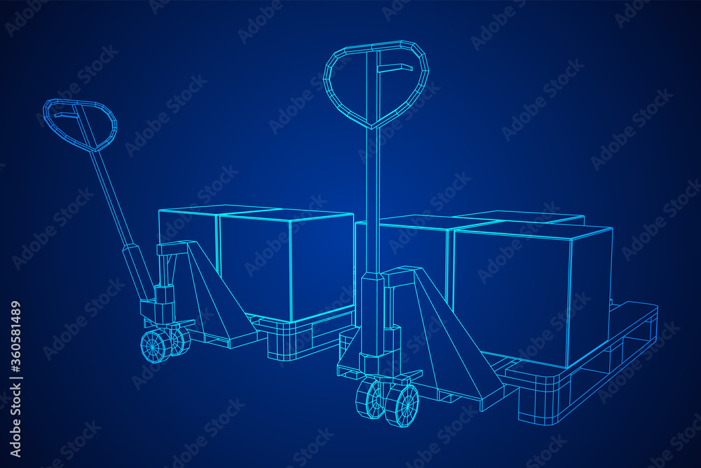 Hand pallet jack lift with pallet and stacked goods cardboard boxes ...