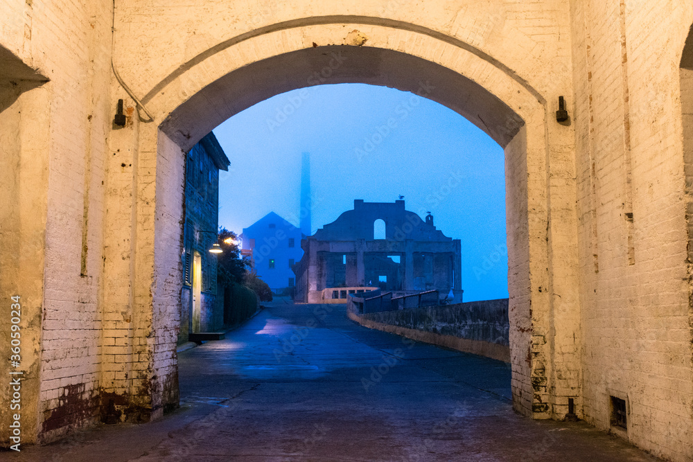 Alcatraz island and prison exterior at dusk showing ruins and fog Stock ...
