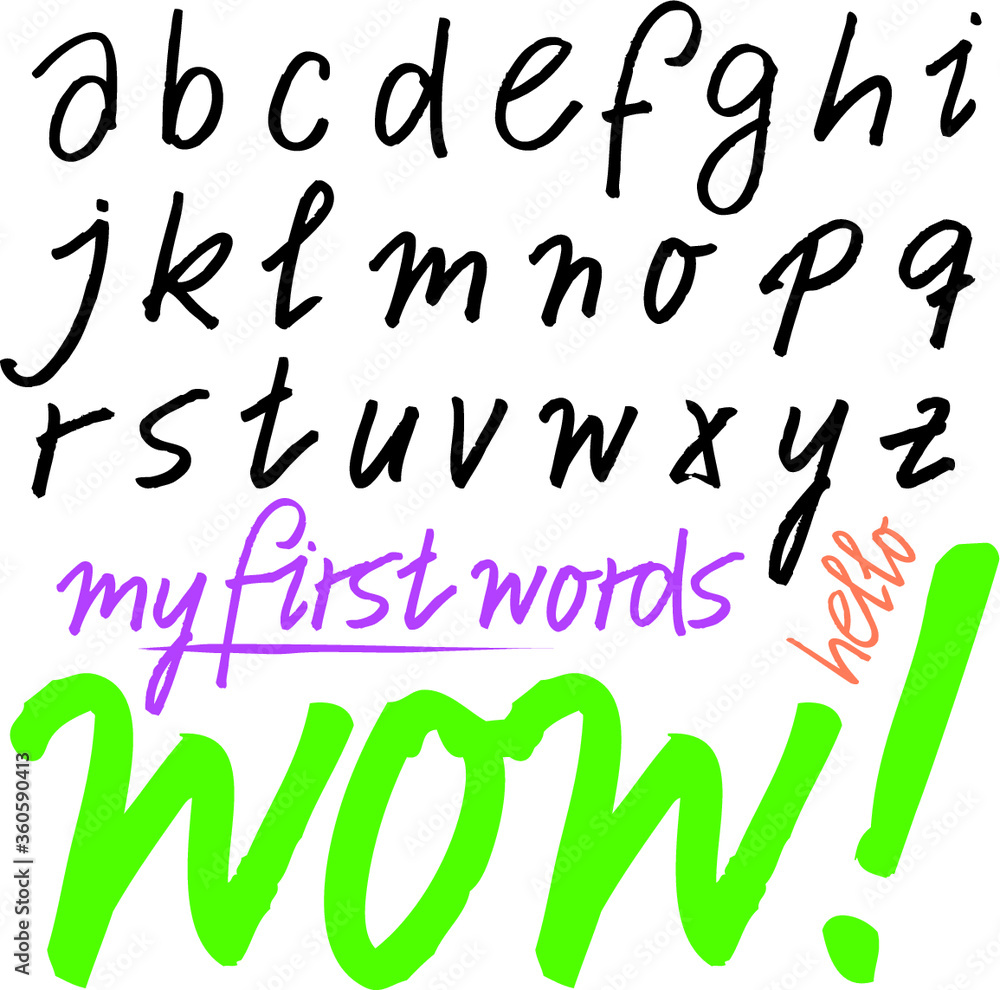 Lower case handwriting alphabet font in naive, juvenile stylistic ...