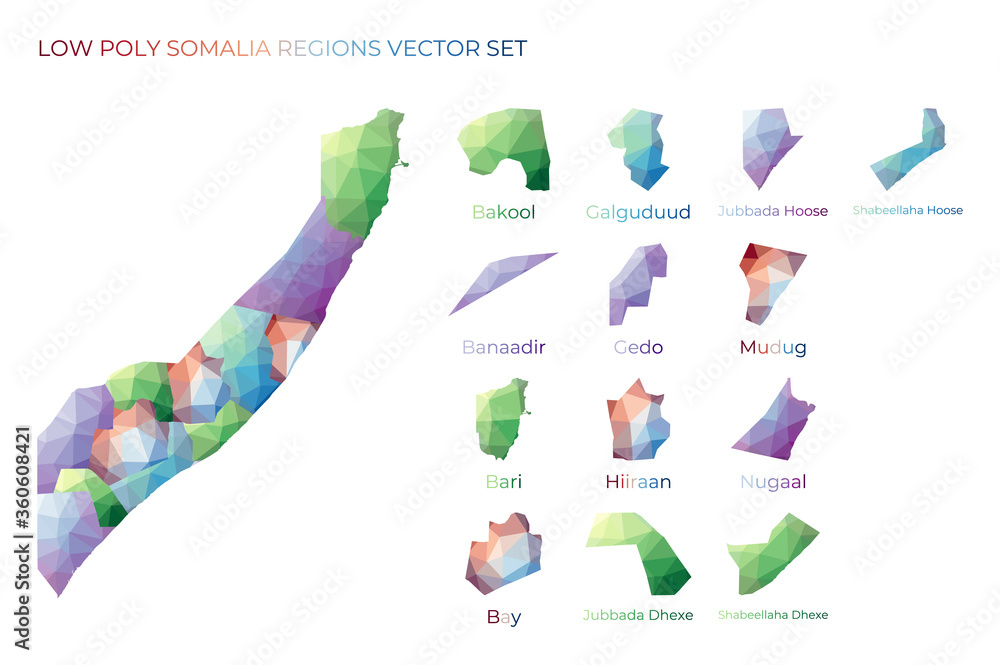 Somali low poly regions. Polygonal map of Somalia with regions ...