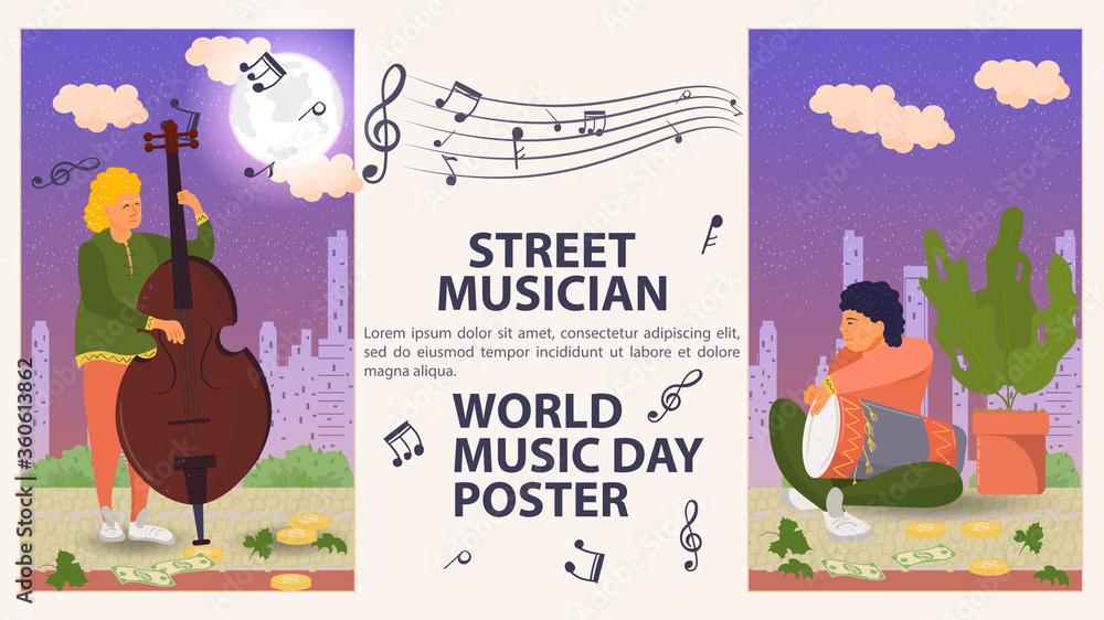 Banner street musician world music day Poster men playing musical ...