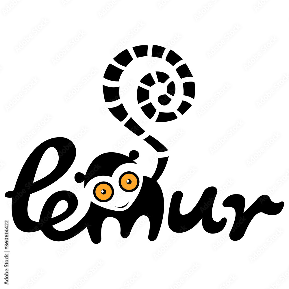 Inscription Lemur with a curled tail. Flat style. Design suitable for ...
