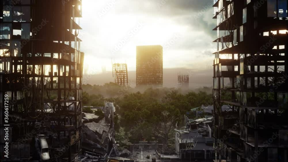 Vidéo Stock Apocalypse city in fog. Aerial View of the destroyed city ...