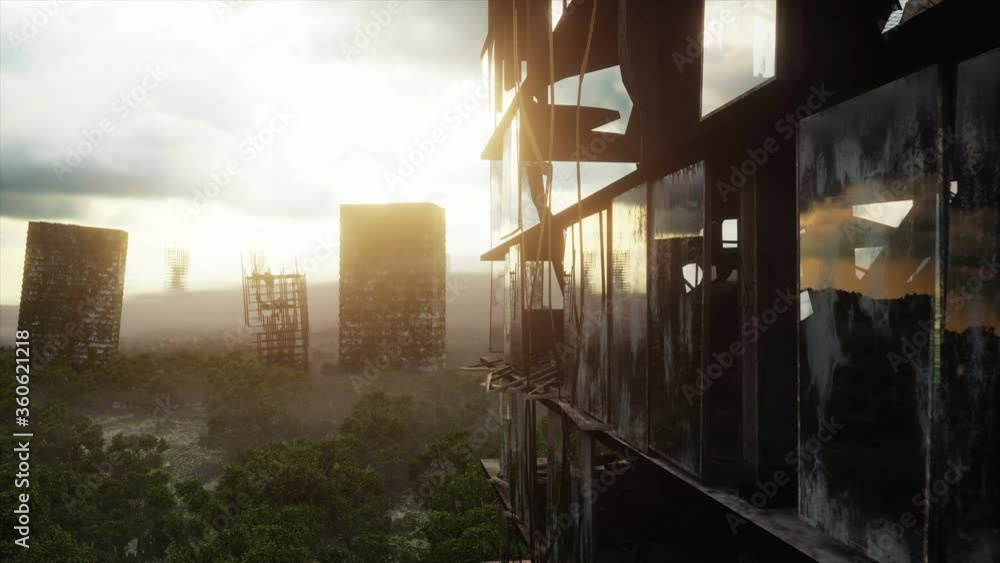 Apocalypse city in fog. Aerial View of the destroyed city. Apocalypse ...