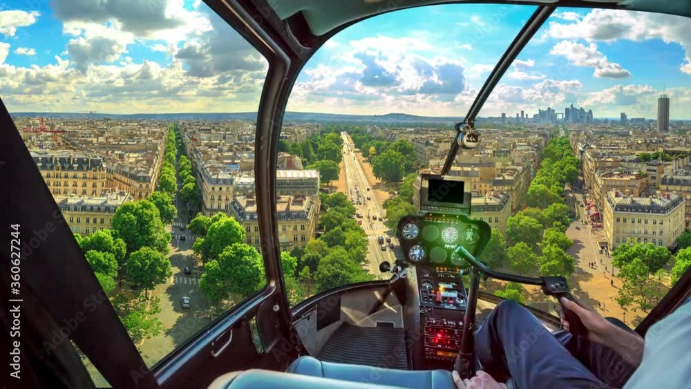 Helicopter cockpit flying on Charles de Gaulle square in Paris, French ...