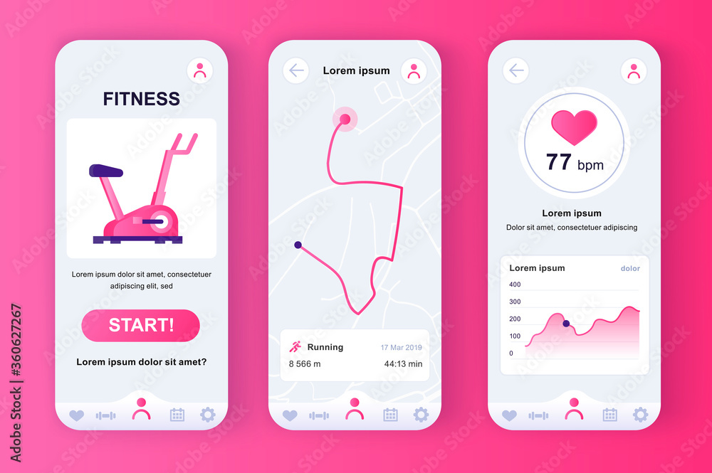 Fitness workout unique neomorphic pink design kit for mobile app ...