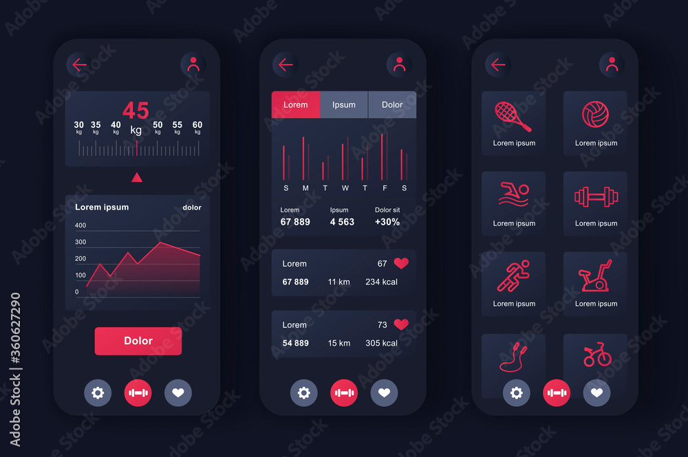 Fitness workout unique neomorphic design kit for app. Choice of fitness ...
