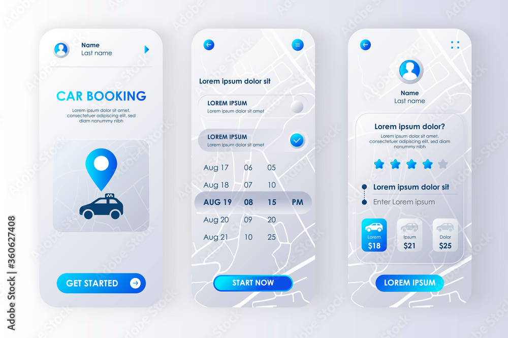 Car booking unique neomorphic design kit for app. Car sharing service ...