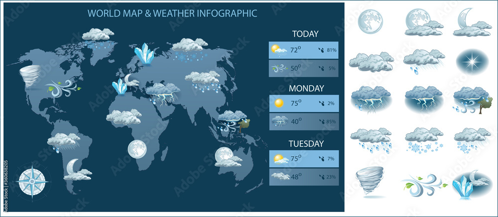 Vector world map and weather infographic. Icons and worldmap silhouette ...