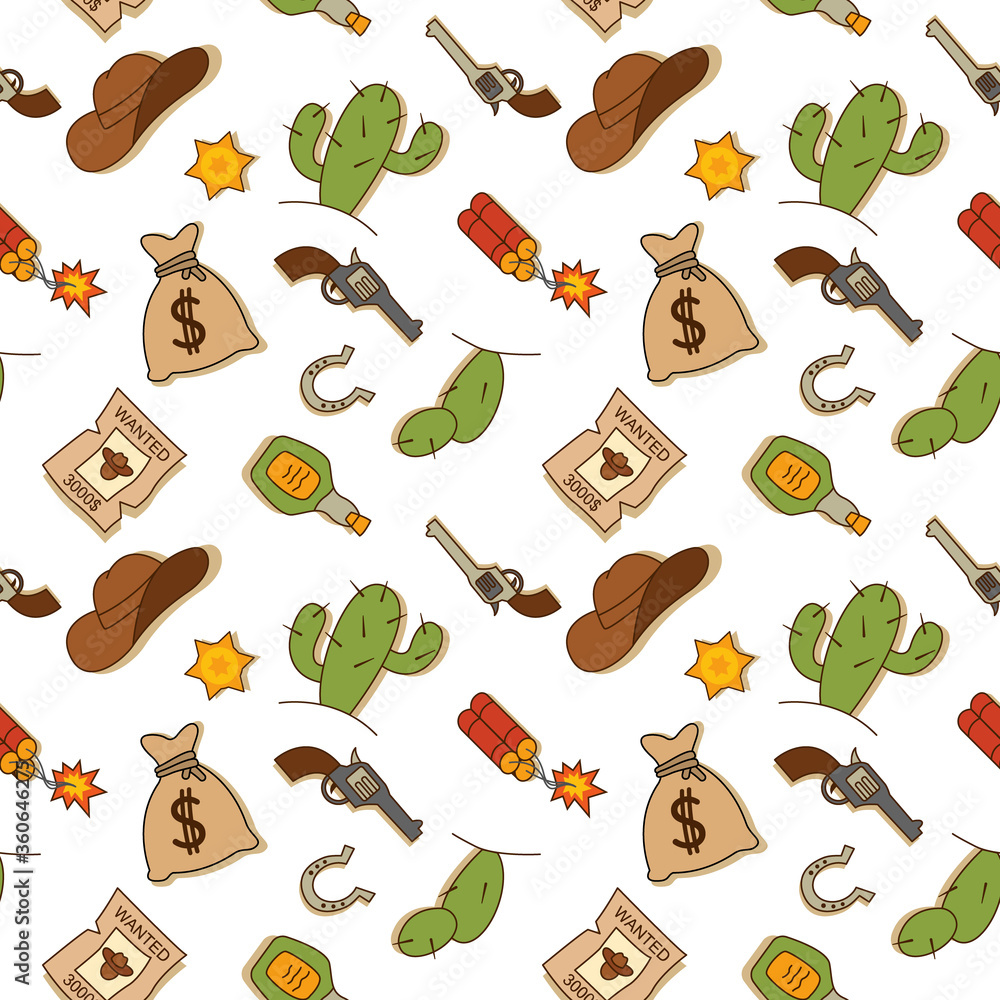 vector seamless pattern of western, wild west, cowboy. illustration ...