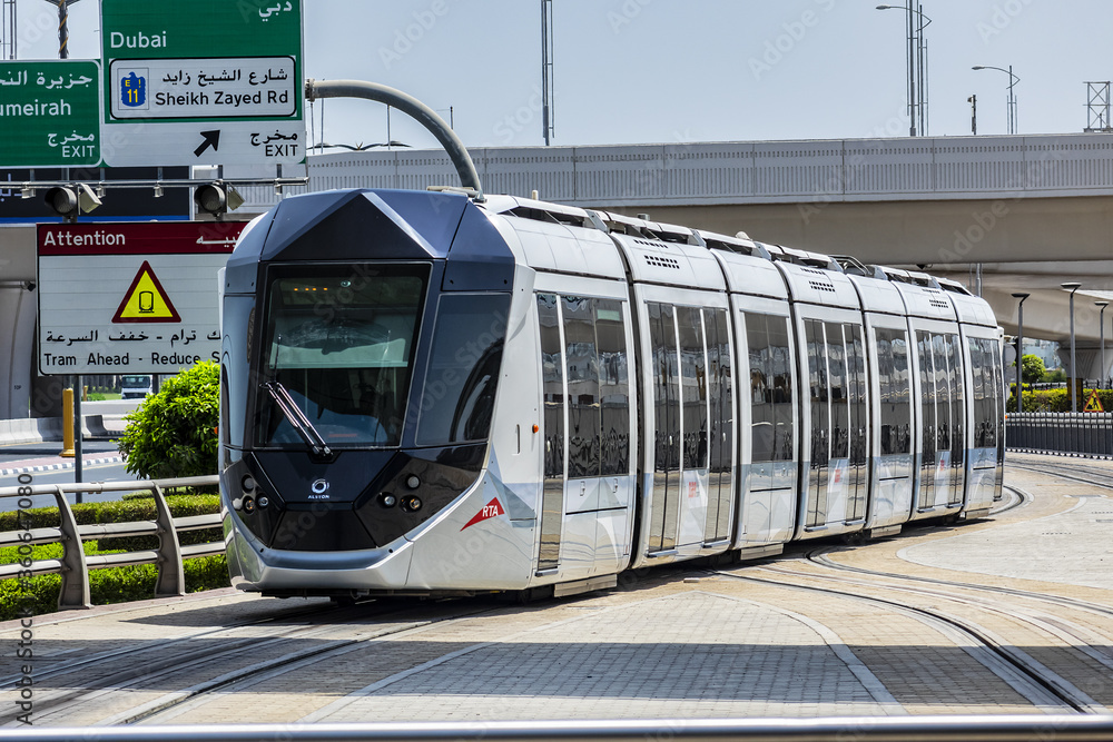 View of Dubai Tram. Dubai Tram runs in a loop around Marina and JBR ...