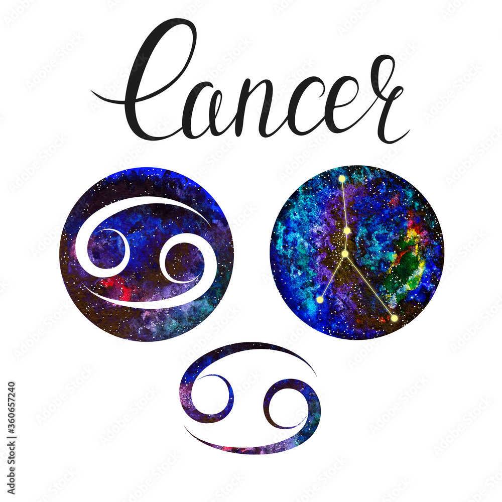 Hand drawn symbols for astrological zodiac sign Cancer with lettering ...
